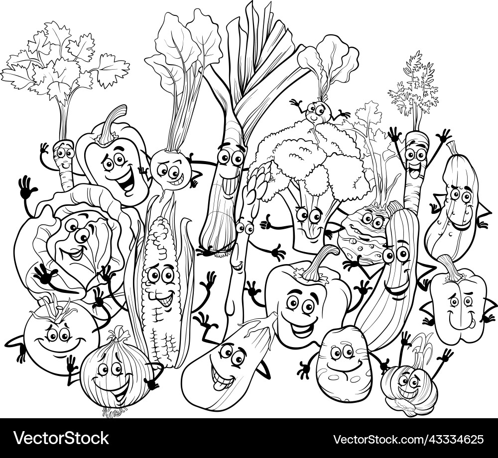 Cartoon vegetables characters group coloring page Vector Image