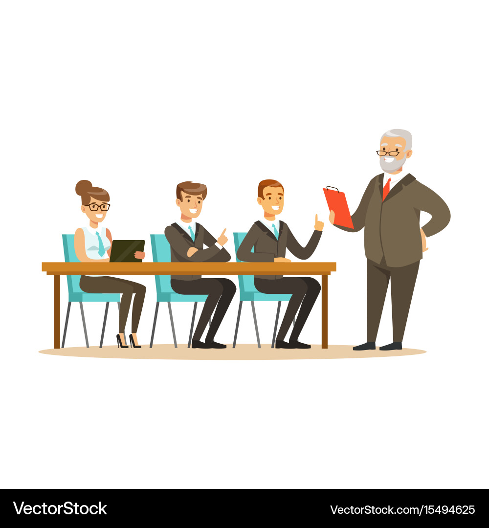 Senior boss explaining to young colleagues Vector Image