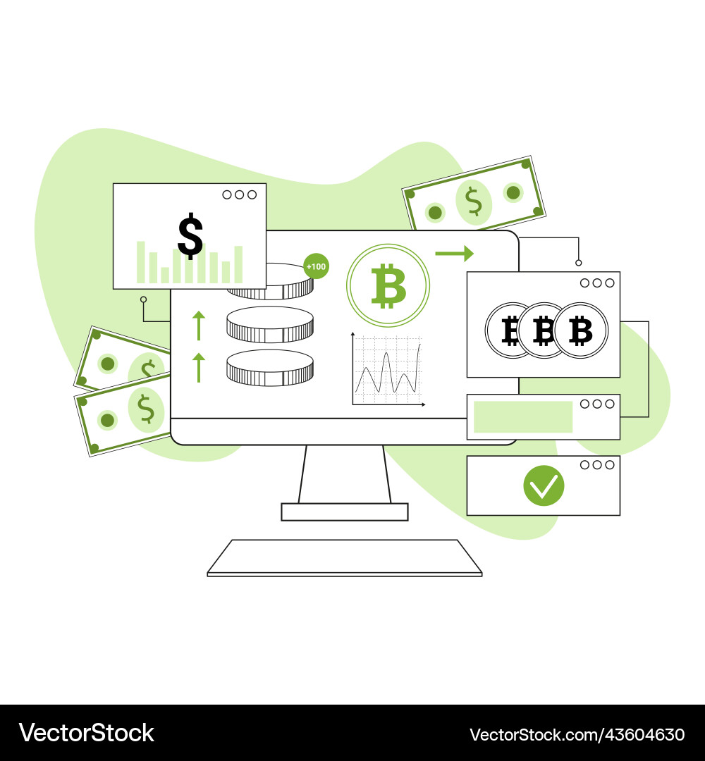 Desktop display showing infographics and coins Vector Image
