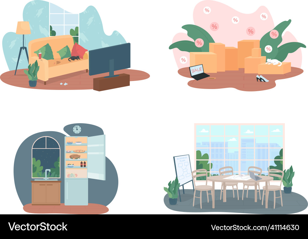 Office and home interior 2d web banner poster set Vector Image