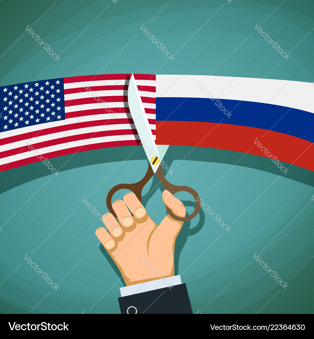 Usa and russian flags are cut with scissors Vector Image