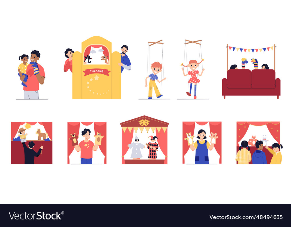 Puppet show flat compositions Royalty Free Vector Image