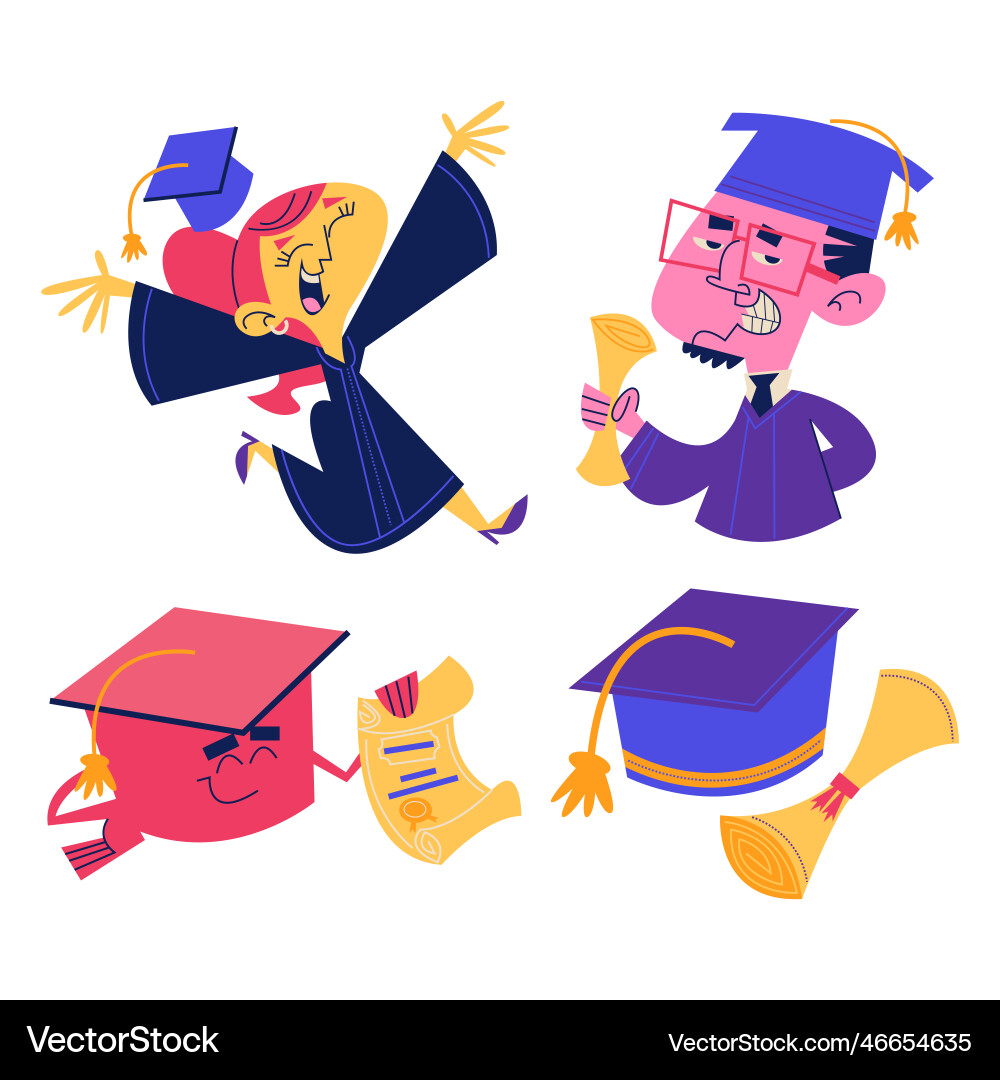 Retro cartoon graduation stickers set Royalty Free Vector