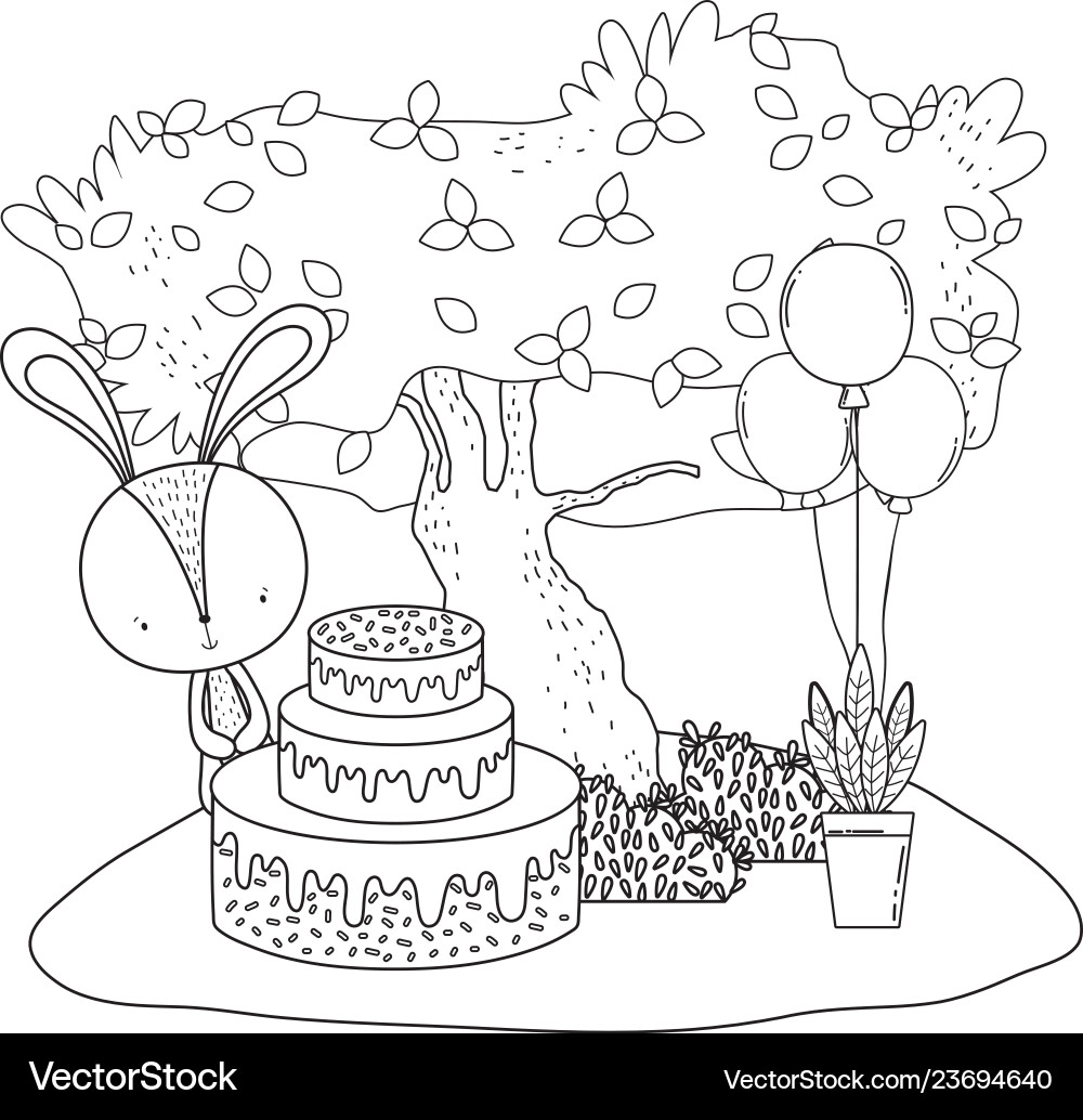 Rabbit with sweet cake and balloons Royalty Free Vector
