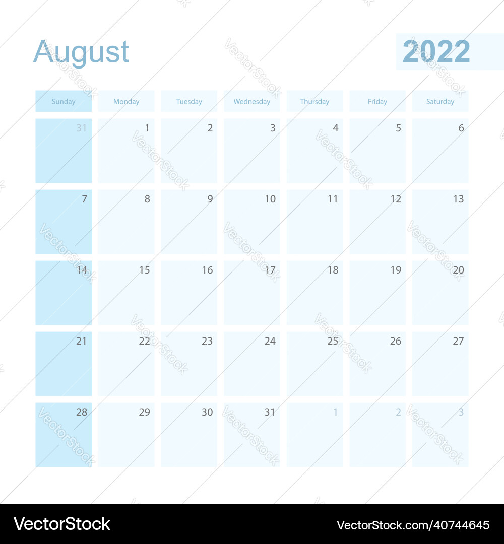 2022 august wall planner in blue color week Vector Image