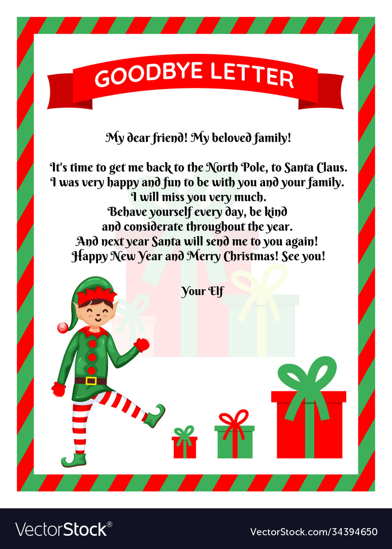 Christmas Elf Goodbye Letter With Gift Royalty Free Vector
