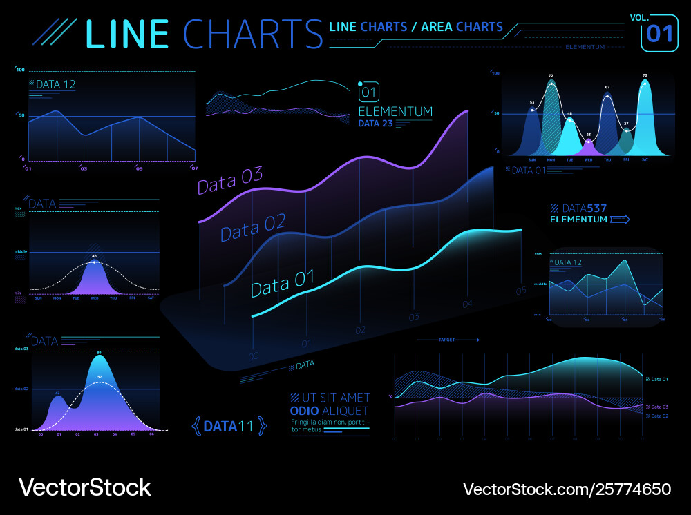Line charts and area charts infographic elements Vector Image