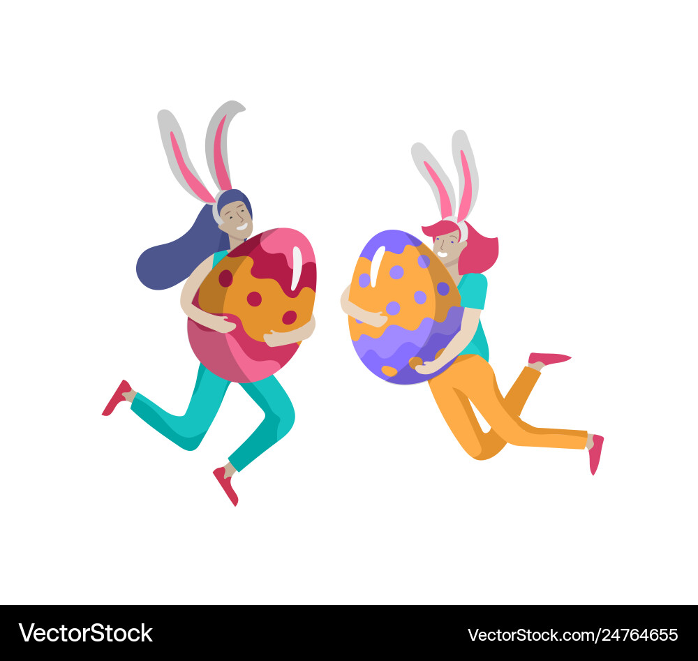 Easter with people girls bunny Royalty Free Vector Image