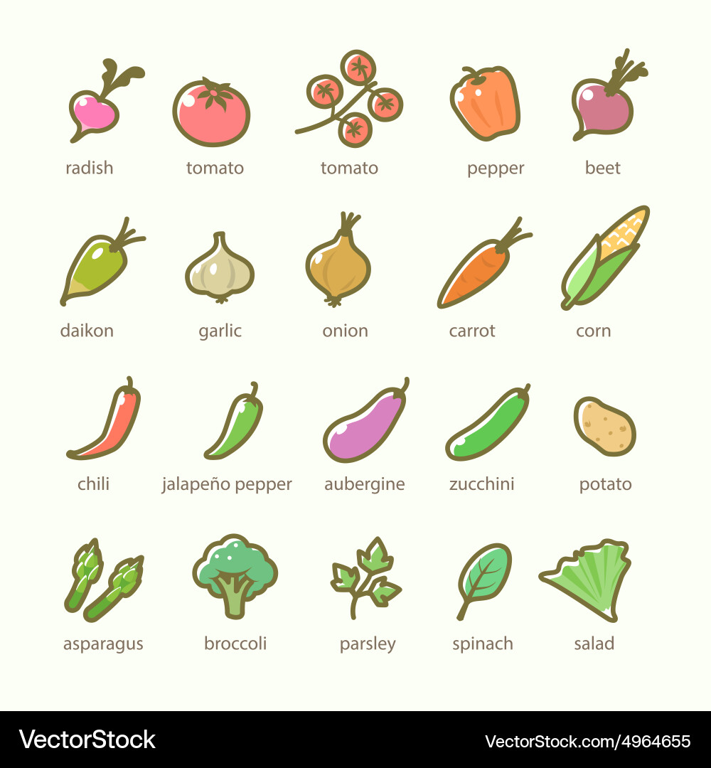 Set vegetables and greens icons Royalty Free Vector Image