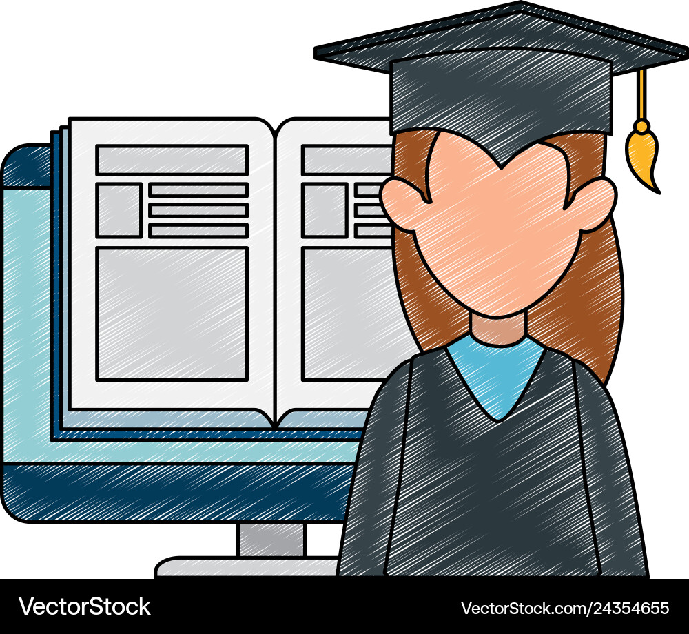 Woman student graduated with computer and book Vector Image