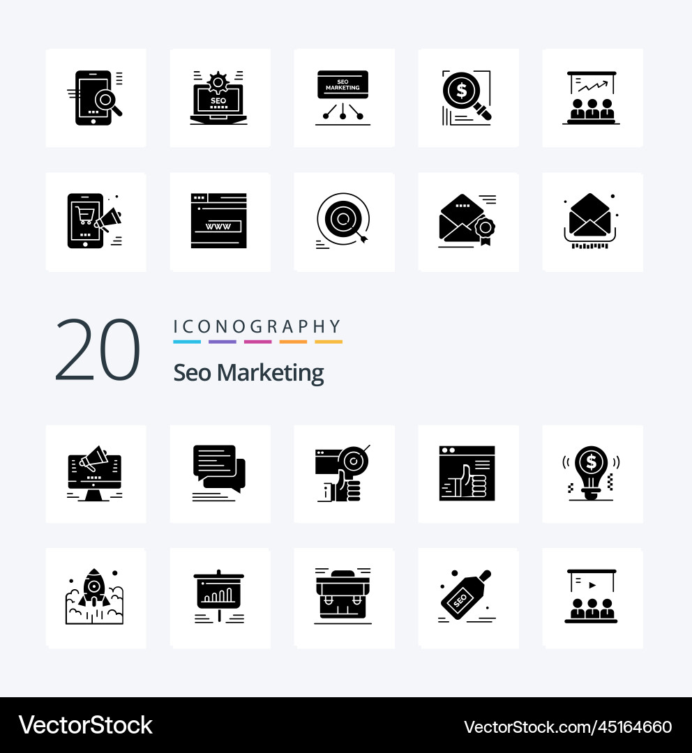 20 seo marketing solid glyph icon pack like up Vector Image