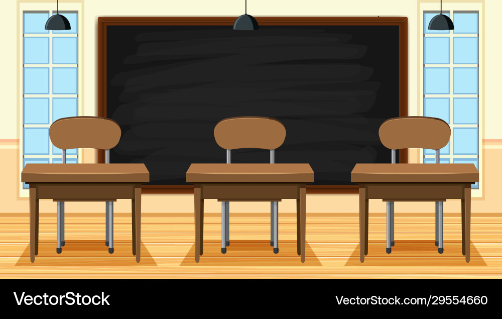 Classroom scene with blackboard and desks Vector Image