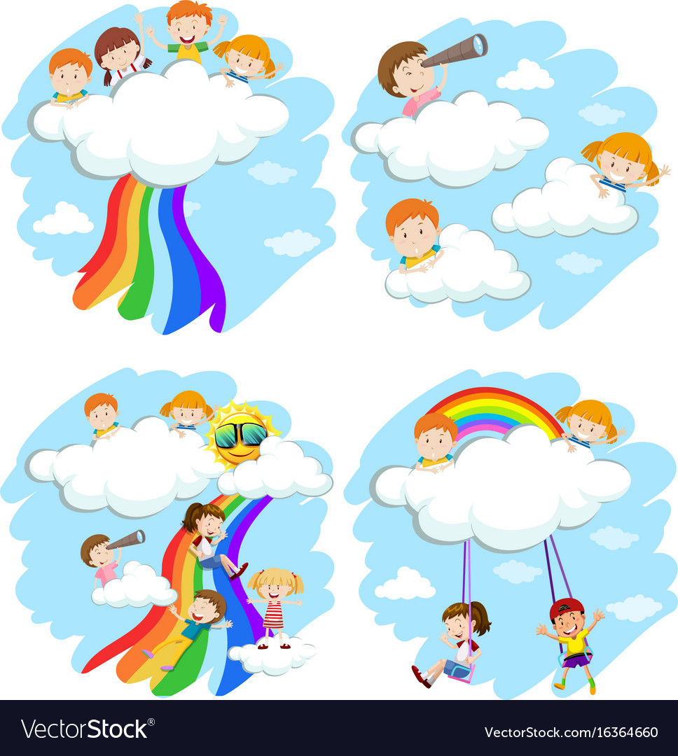 Happy children playing on the clouds and rainbow Vector Image