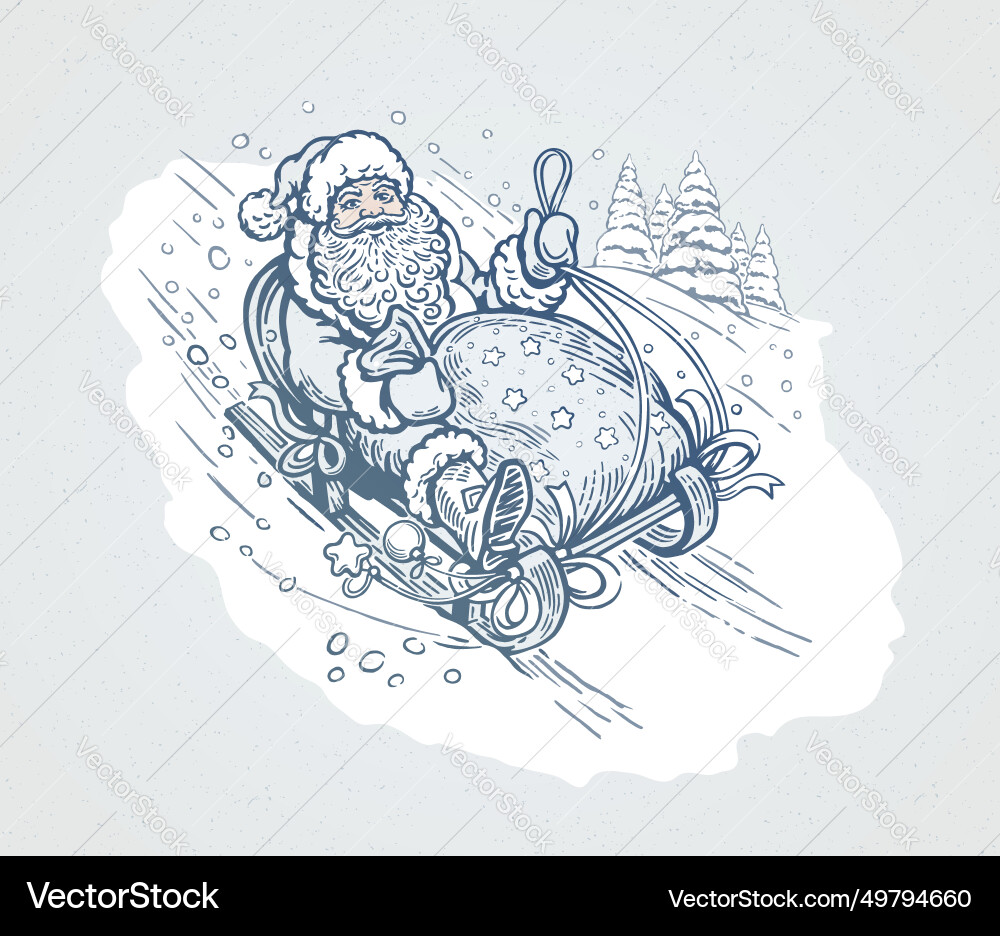 Happy santa with gift bag rides sledding down Vector Image