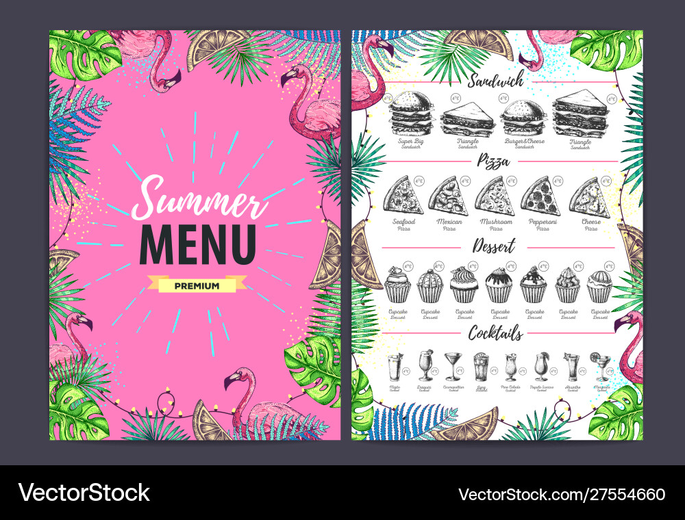 Restaurant summer menu design with tropic leaves Vector Image
