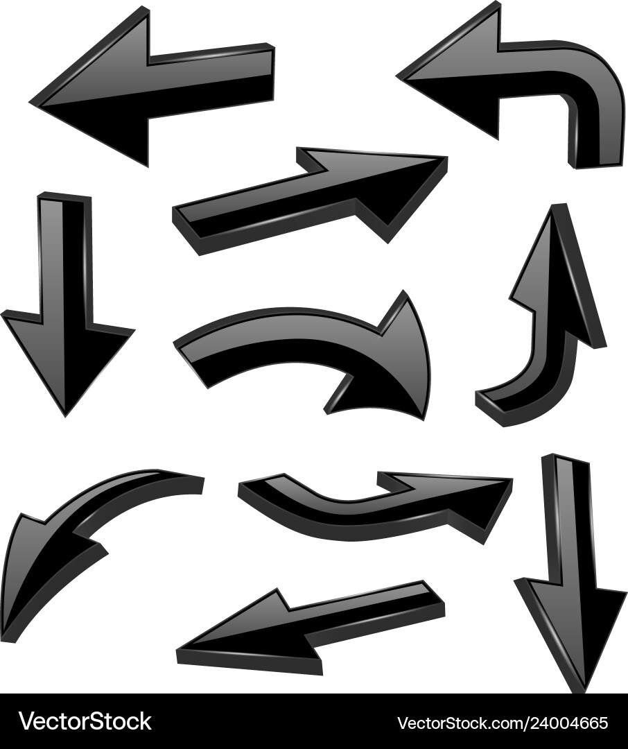 Black bold arrows 3d shiny signs Royalty Free Vector Image