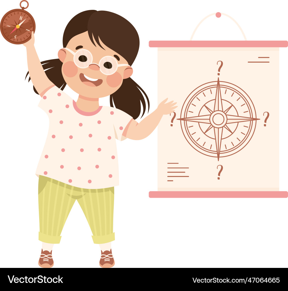 Cute happy little girl learning about compass tool