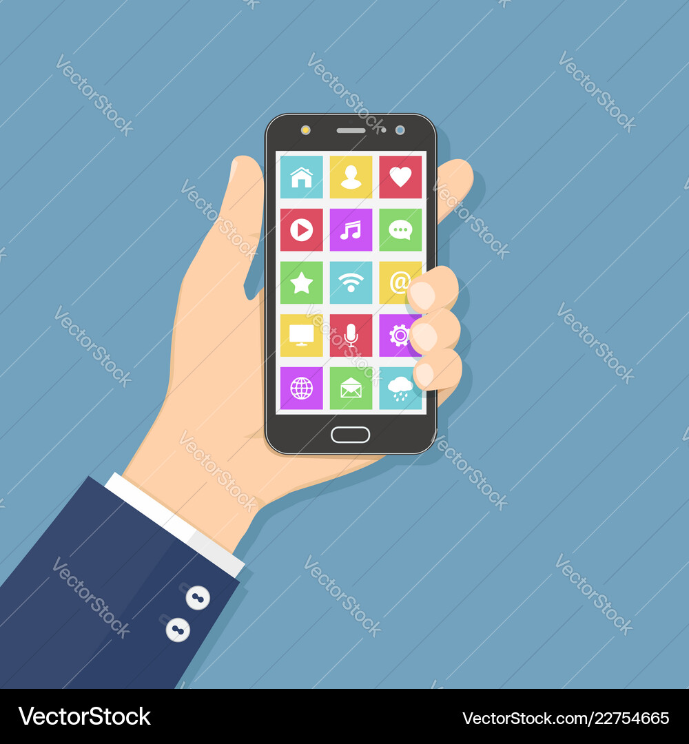 Hand Holding Mobile with App Icons Royalty Free Vector Image