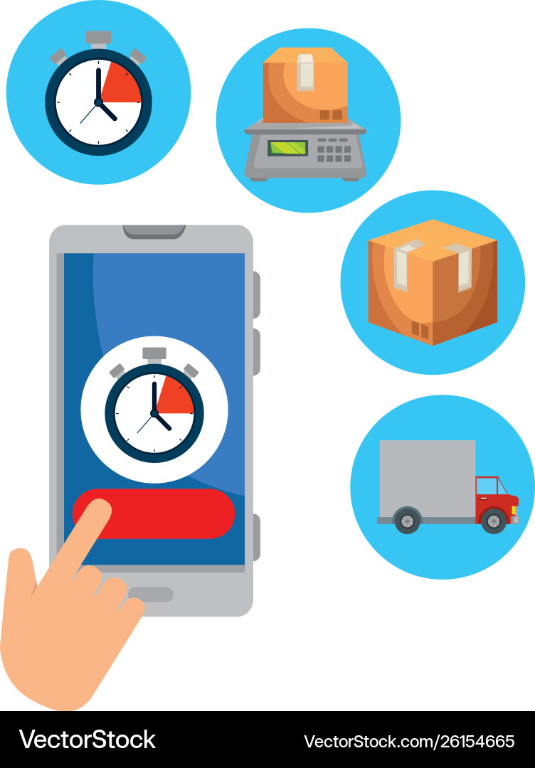 Hand using smartphone with delivery app and icons Vector Image