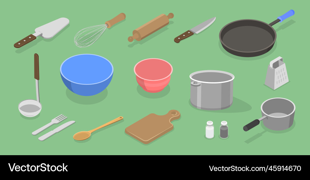 3d isometric flat set of kitchen utensils Vector Image