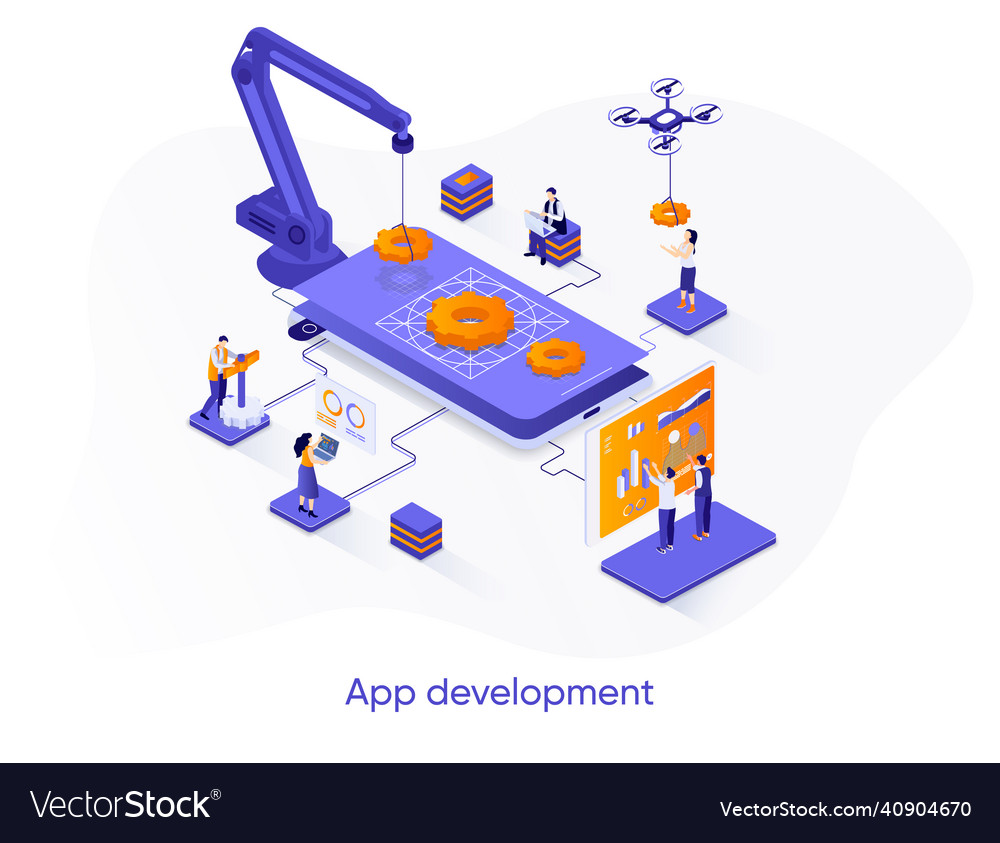 App development isometric web banner Royalty Free Vector App development isometric web banner Royalty Free Vector