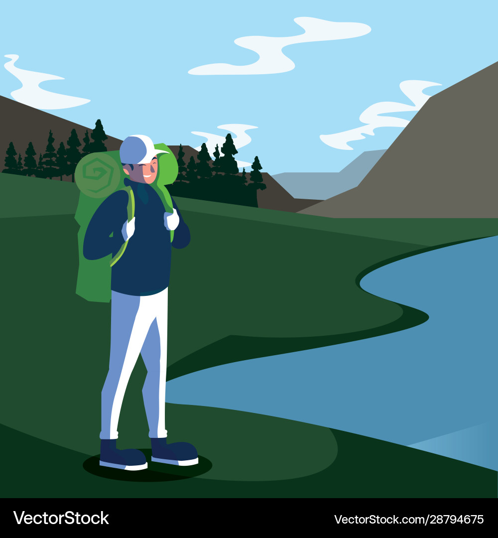 Hiker man and landscape with bag design Royalty Free Vector