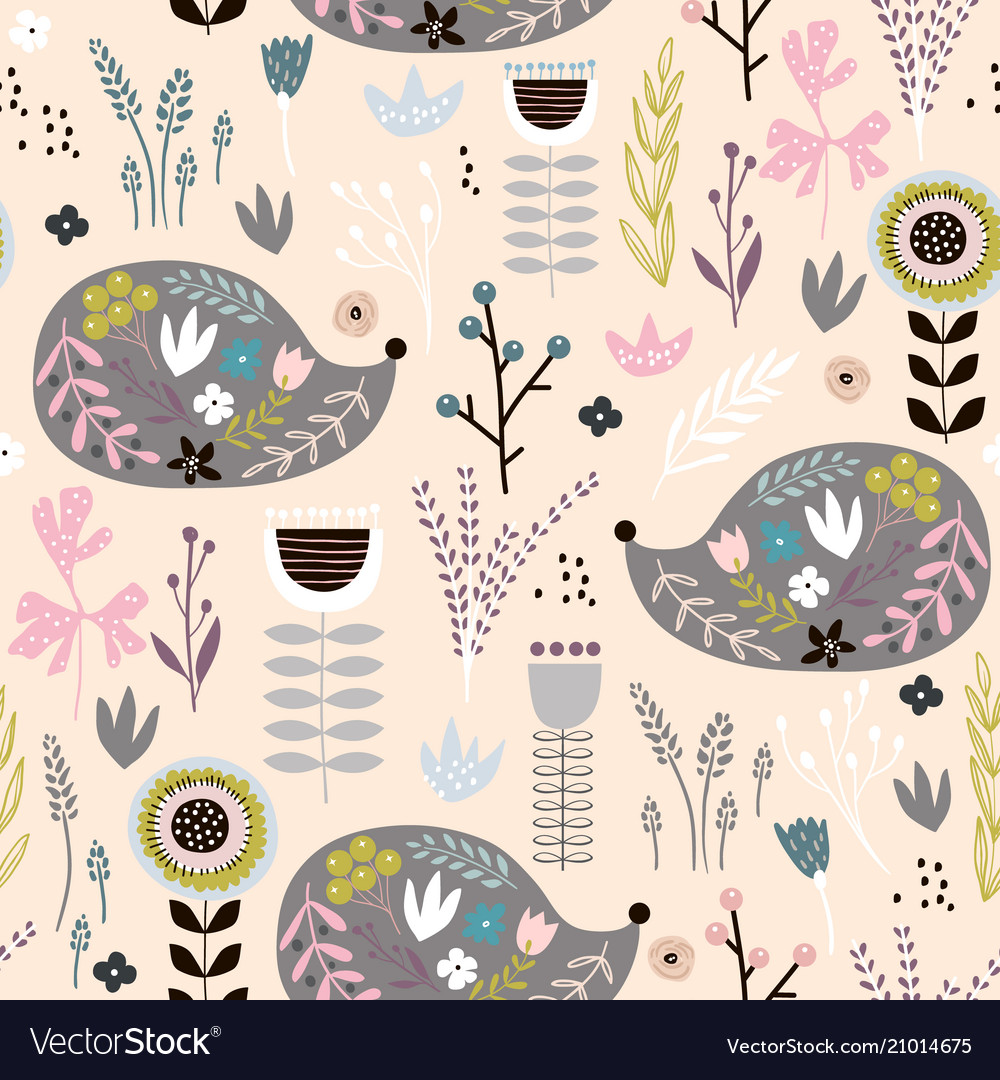 Seamless pattern hedgehogs with floral elements Vector Image Seamless pattern hedgehogs with floral elements Vector Image