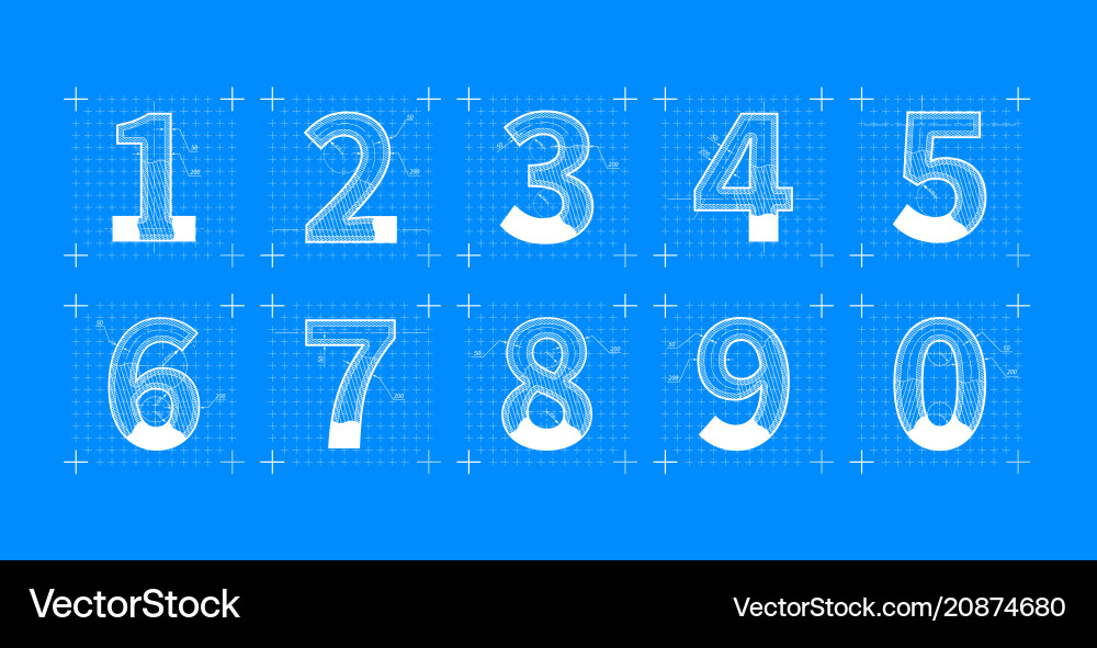 Engineering sketches of numbers blueprint style Vector Image