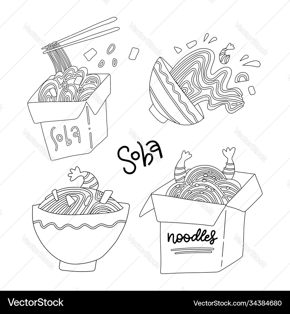 Set soba noodle in bowl and boxes flat line Vector Image
