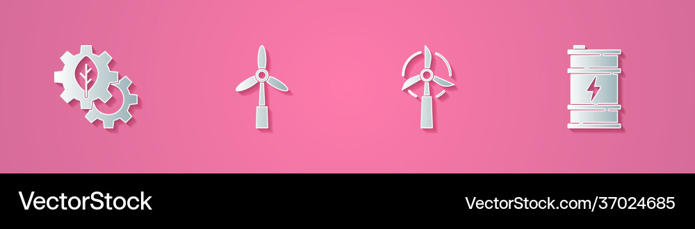 Set paper cut leaf plant in gear machine wind Vector Image
