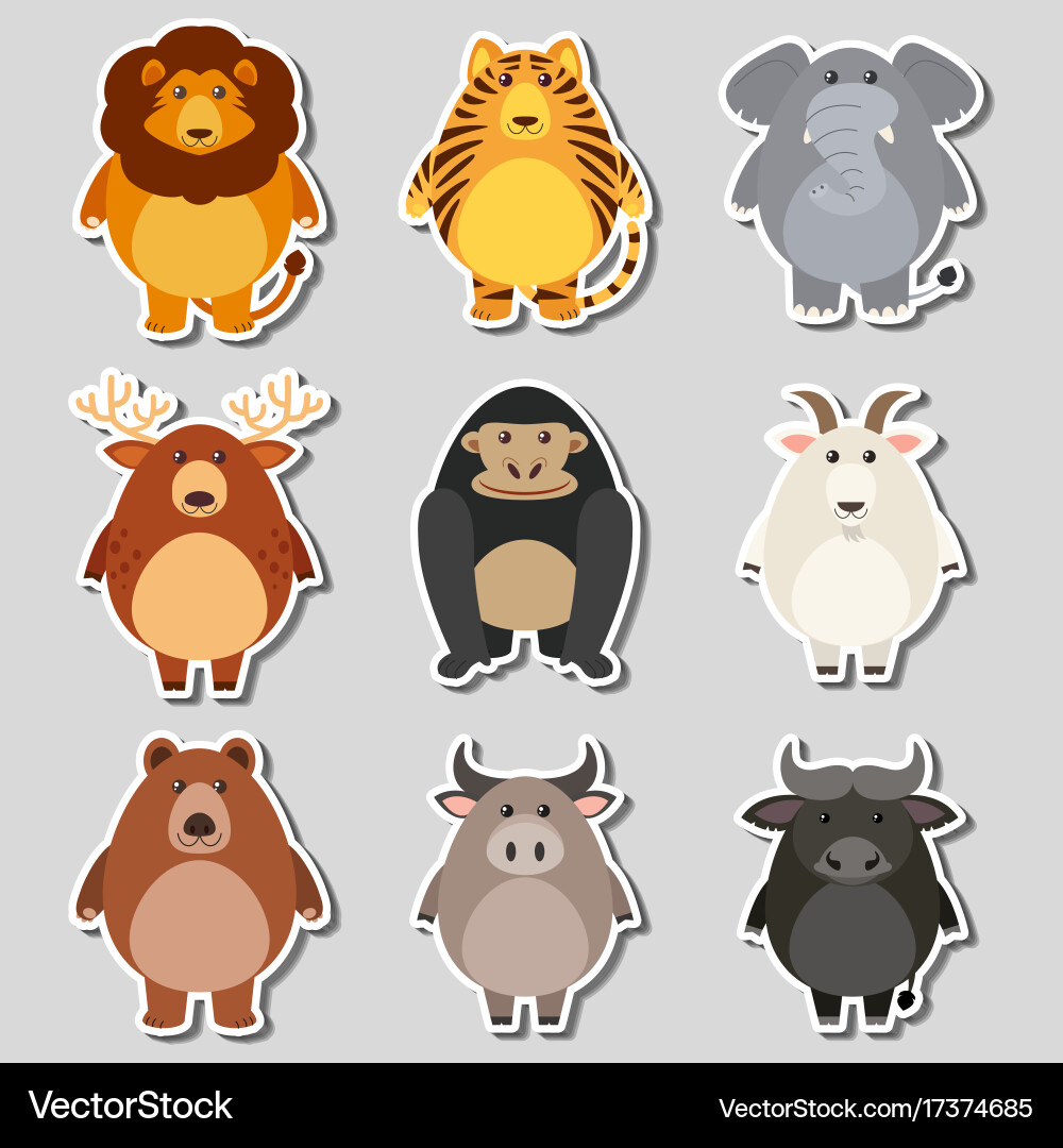 Sticker set with wild animals on gray background Vector Image