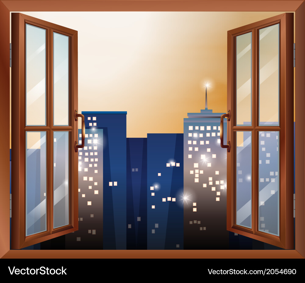 An open window across city buildings Royalty Free Vector