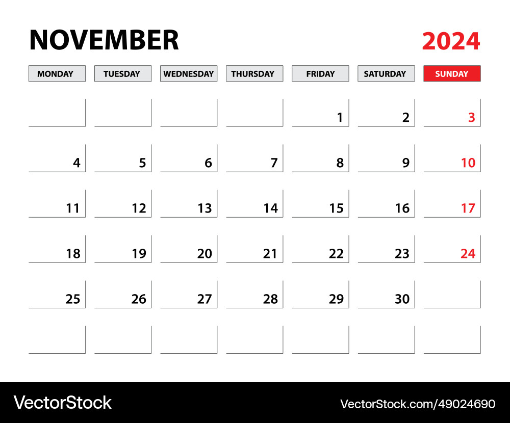November 2024 year planner template calendar Vector Image