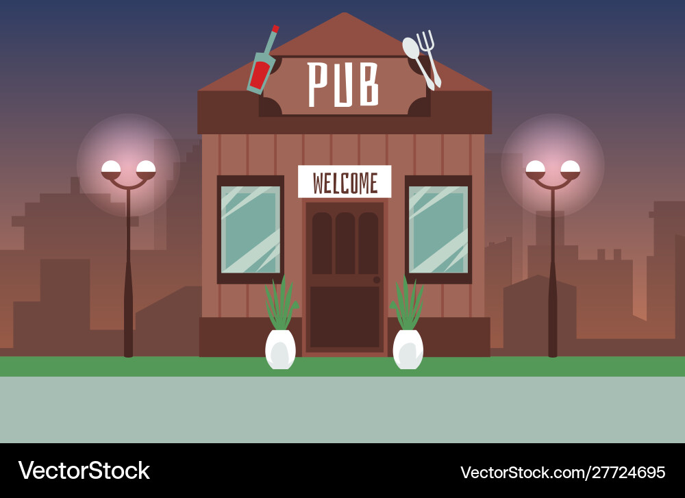 Old style pub on night modern cityscape background