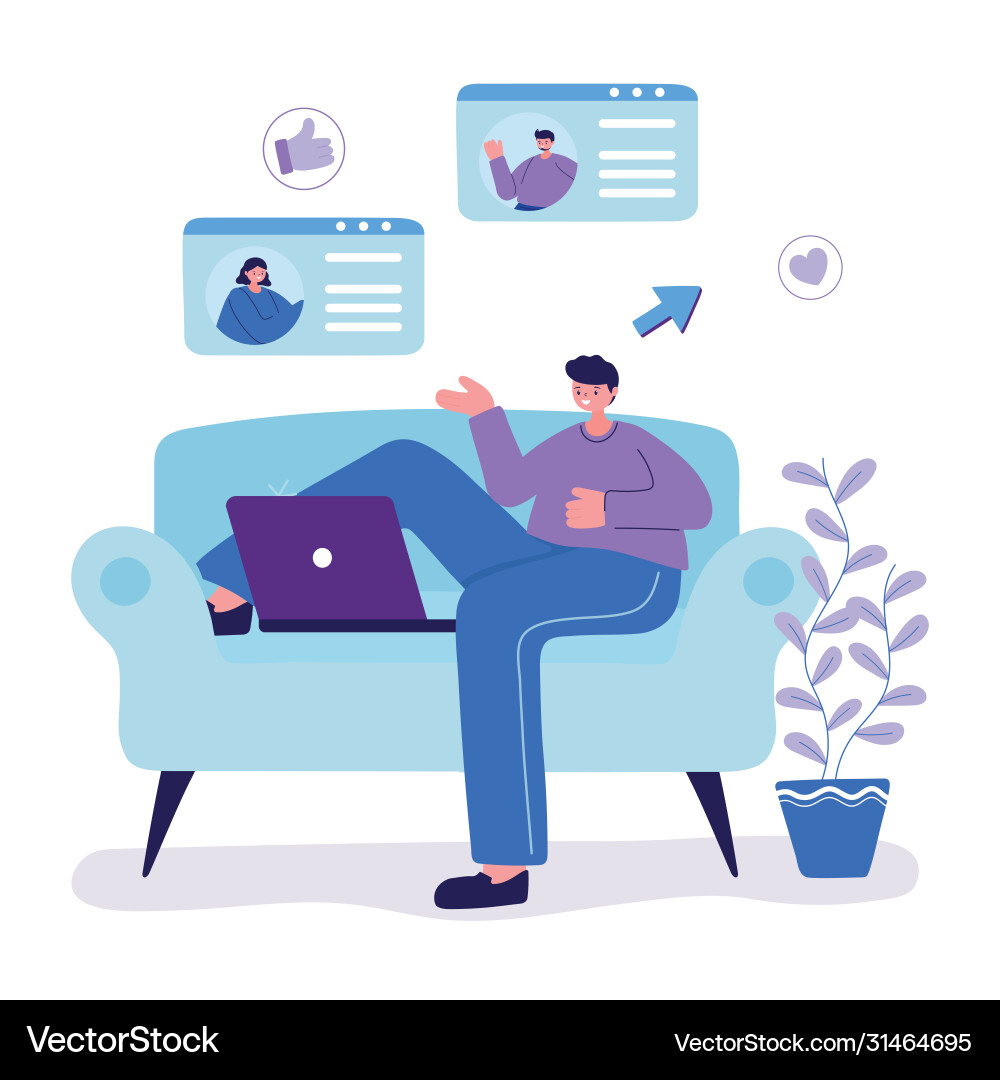 Young man character with laptop chatting sitting Vector Image