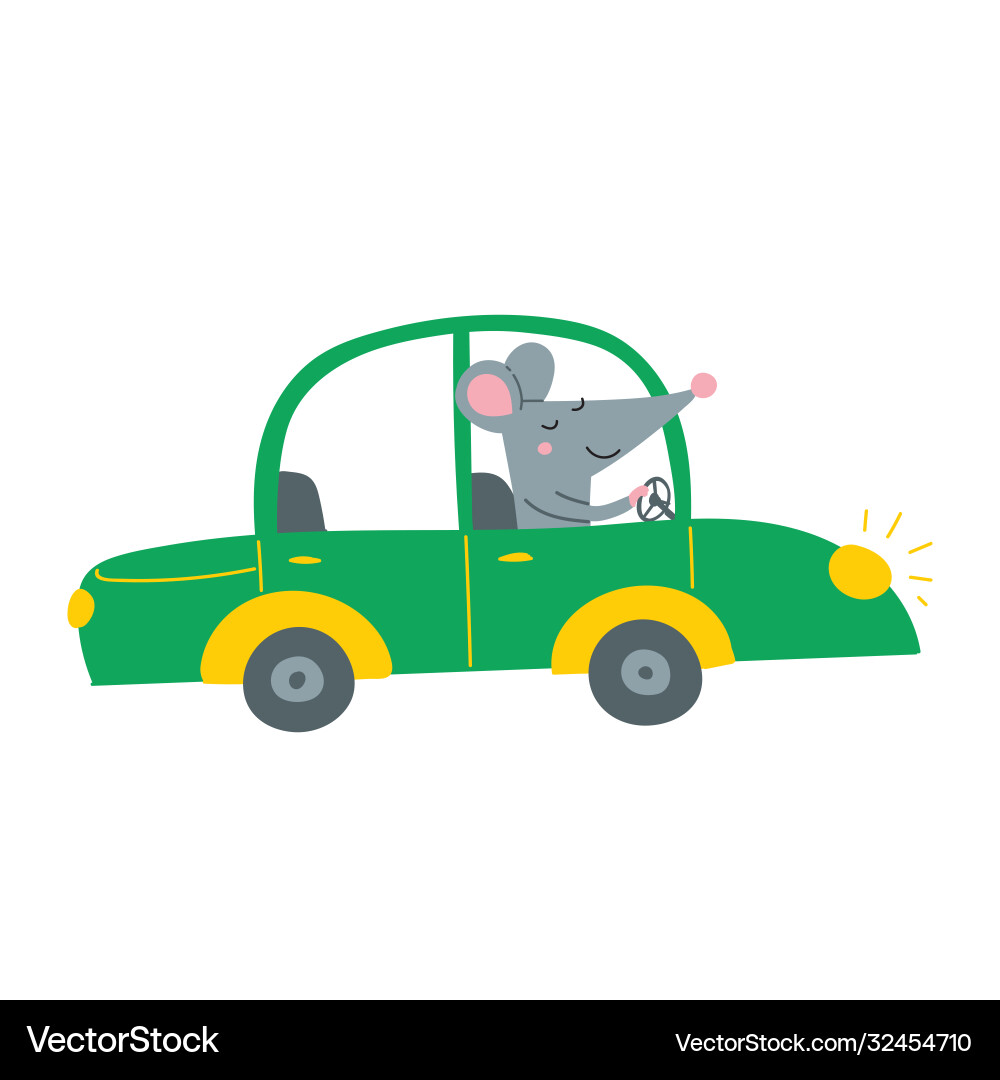Cute rat driving green car Royalty Free Vector Image