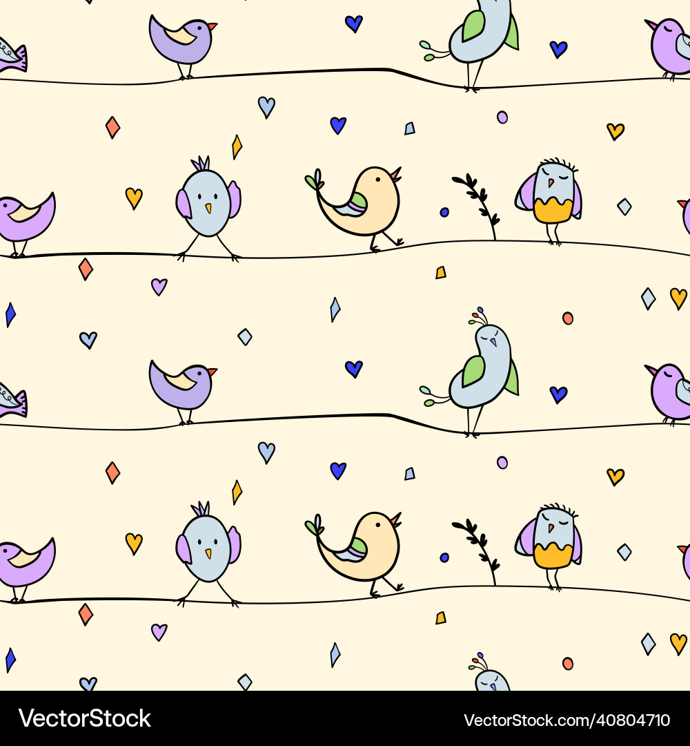Seamless pattern with funny colorful birds sitting