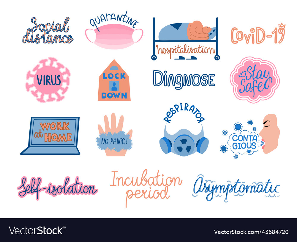 Covid stickers social safe hand lettering corona Vector Image