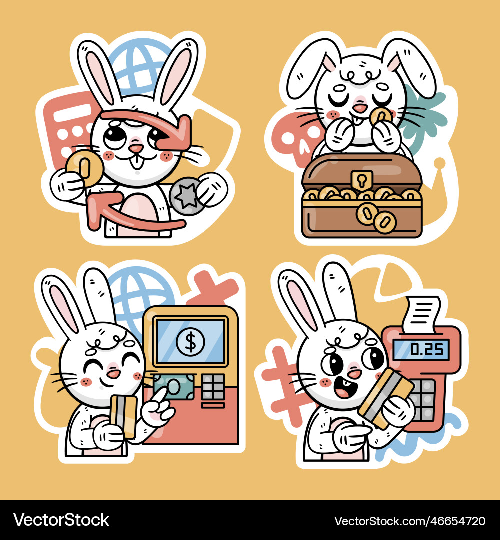 Ronnie bunny money stickers set Royalty Free Vector Image