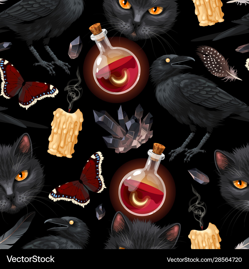 Seamless pattern with raven and black cat Vector Image