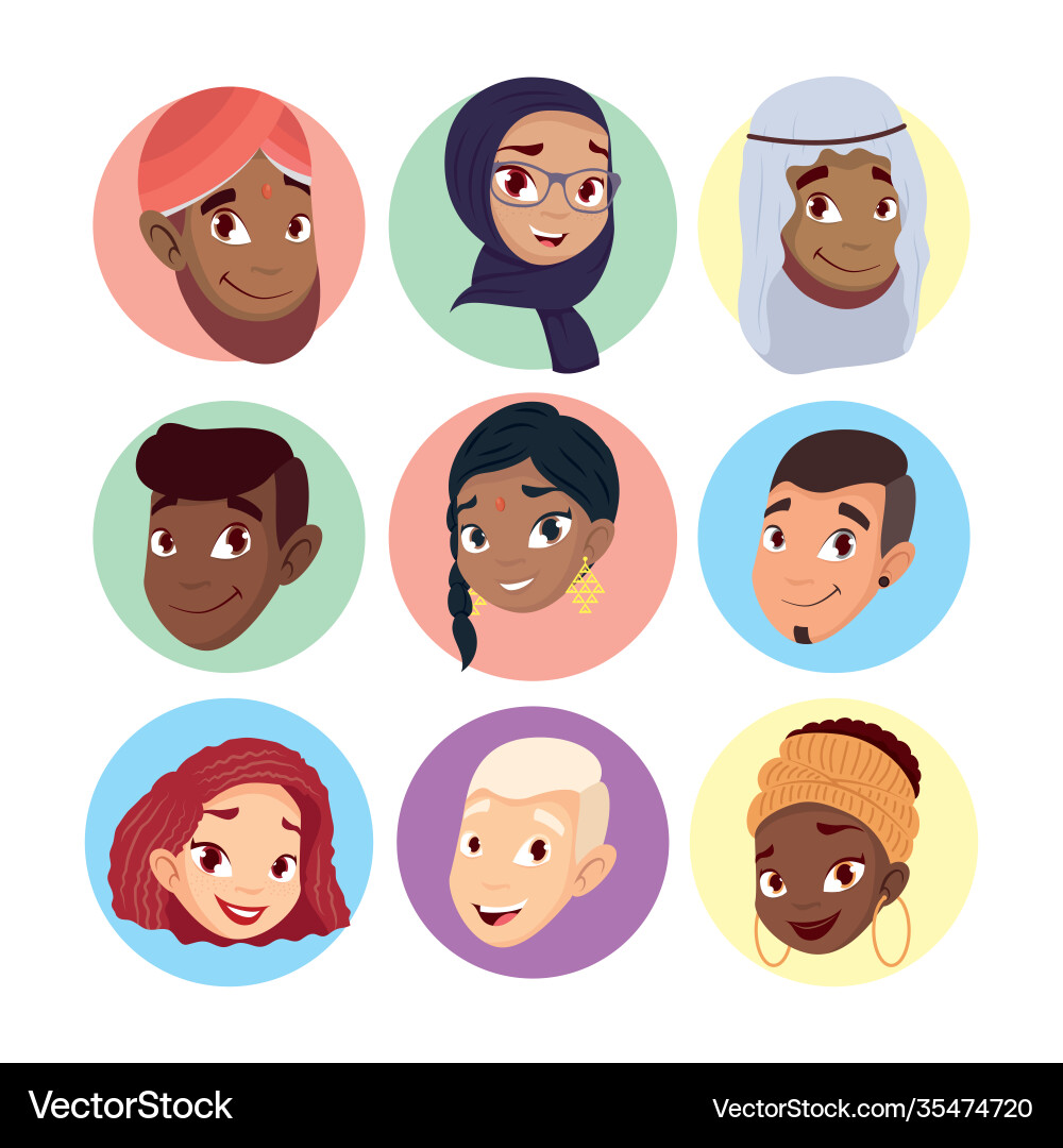 Young people group diversity heads characters Vector Image
