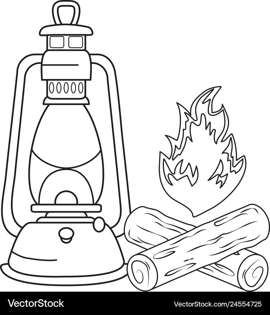 Campfire camping and kerosene lantern Royalty Free Vector