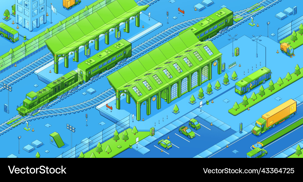 Isometric city infrastructure railway with trains Vector Image