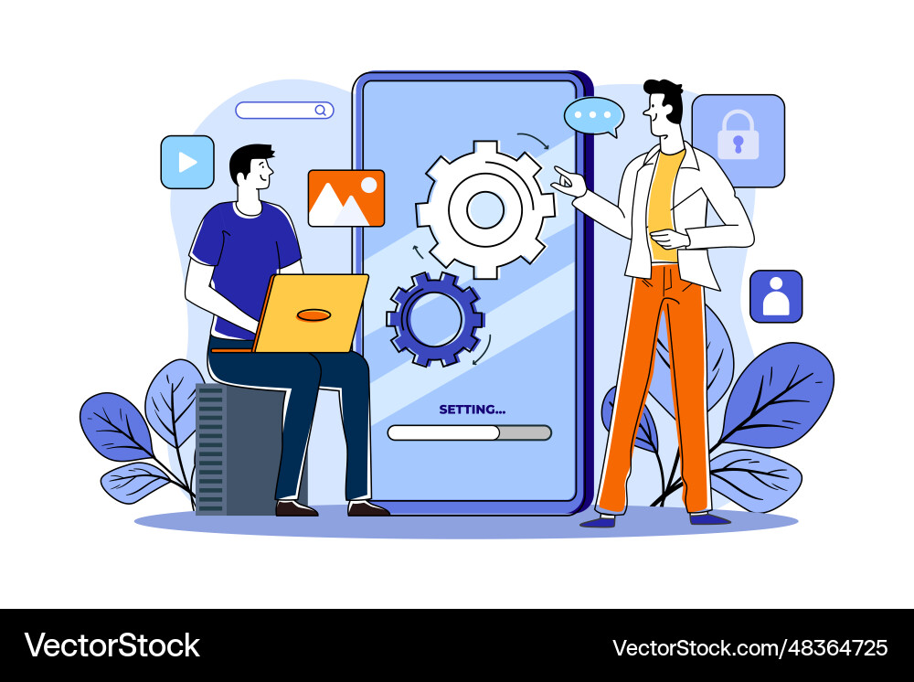 Two guys are setting up the application logic Vector Image