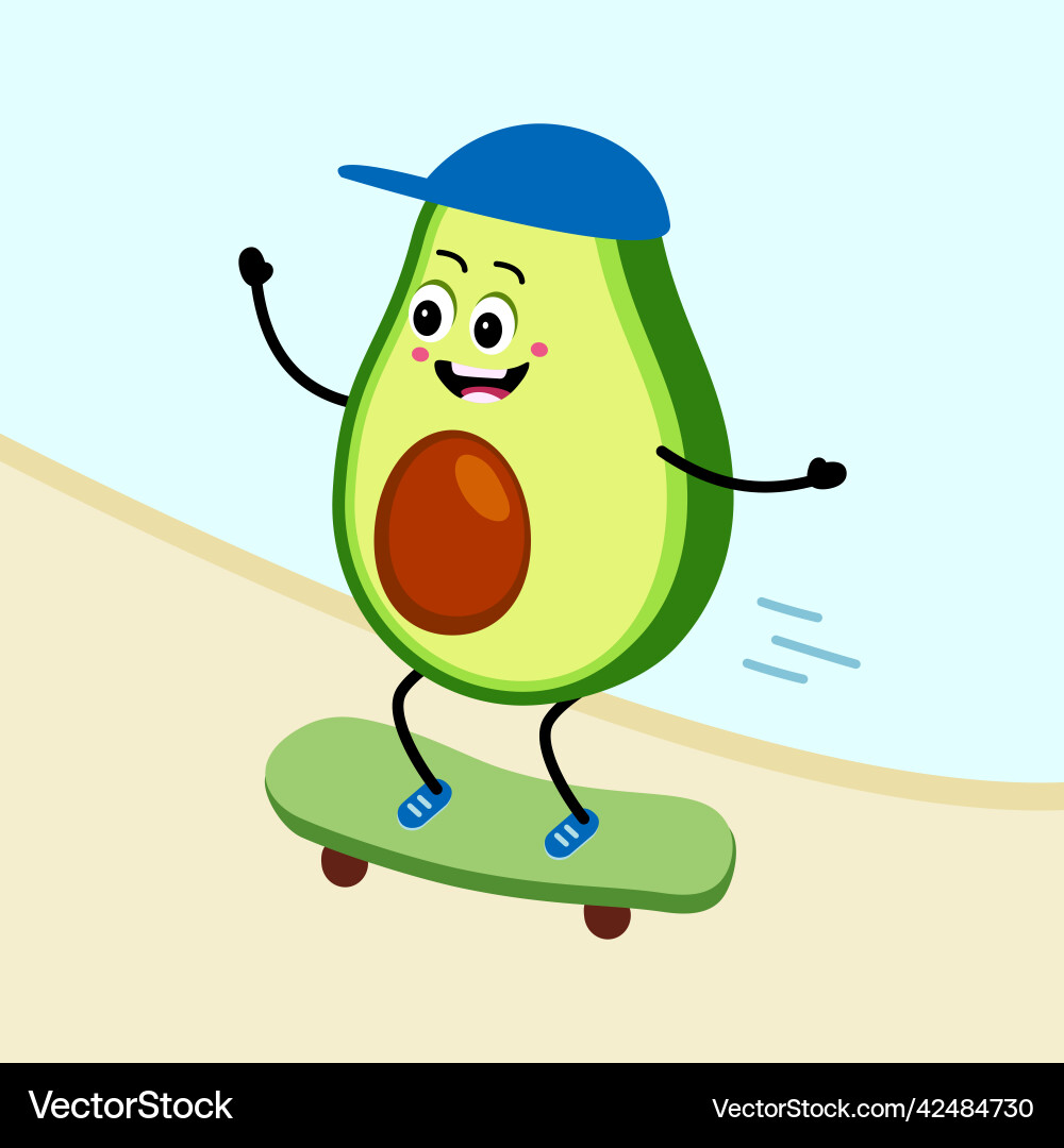 Cartoon happy avocado on skateboard Royalty Free Vector
