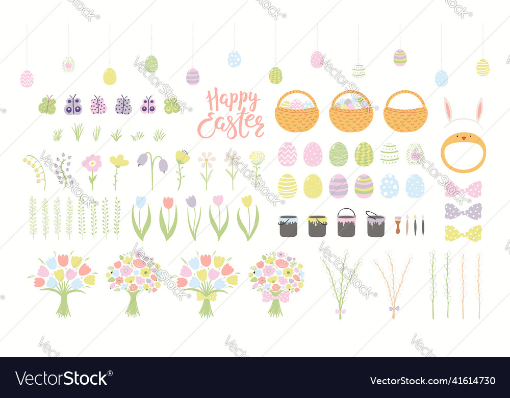 Cute easter clipart set painted eggs flowers Vector Image