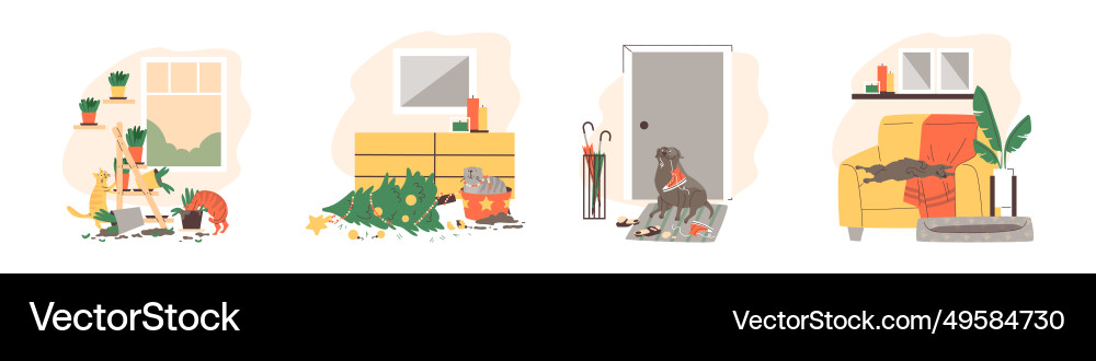 Set of scenes with pet making mess flat style Vector Image