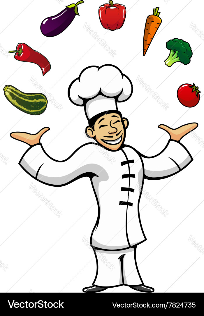 Asian chef juggling with fresh vegetables Vector Image