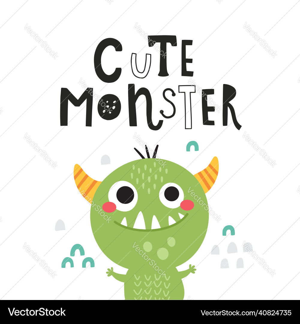 Cute green monster and lettering text Royalty Free Vector