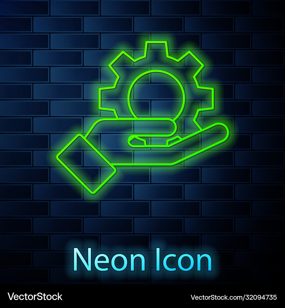 Glowing neon line hand settings gear icon isolated